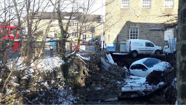 Cars fall into beck after Skipton bridge collapse - BBC News