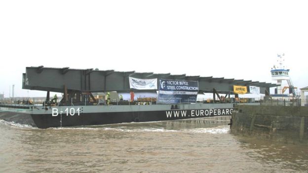 First piece of Lowestoft's Gull Wing Bridge being moved into place ...