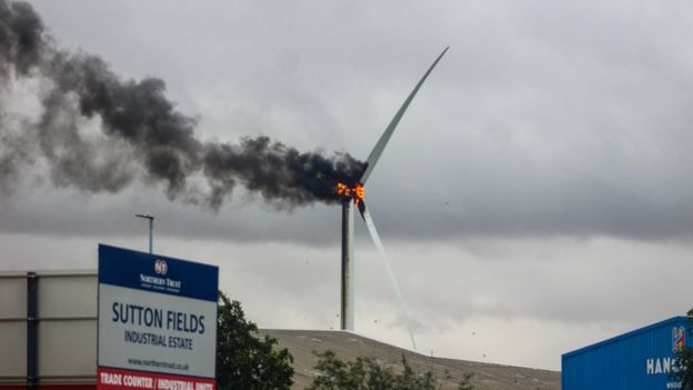 Sutton Fields: Dramatic pictures show Hull wind turbine on fire - BBC News