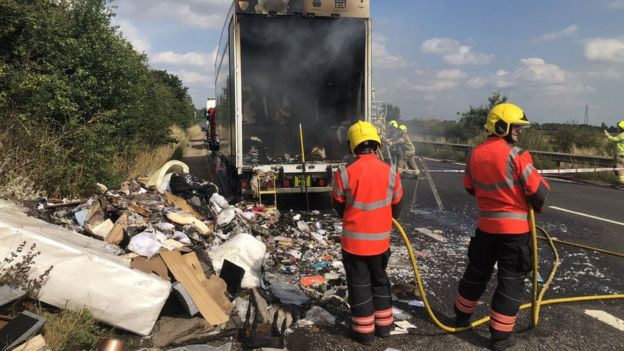 A14 reopens after removal lorry fire in Cambridgeshire - BBC News