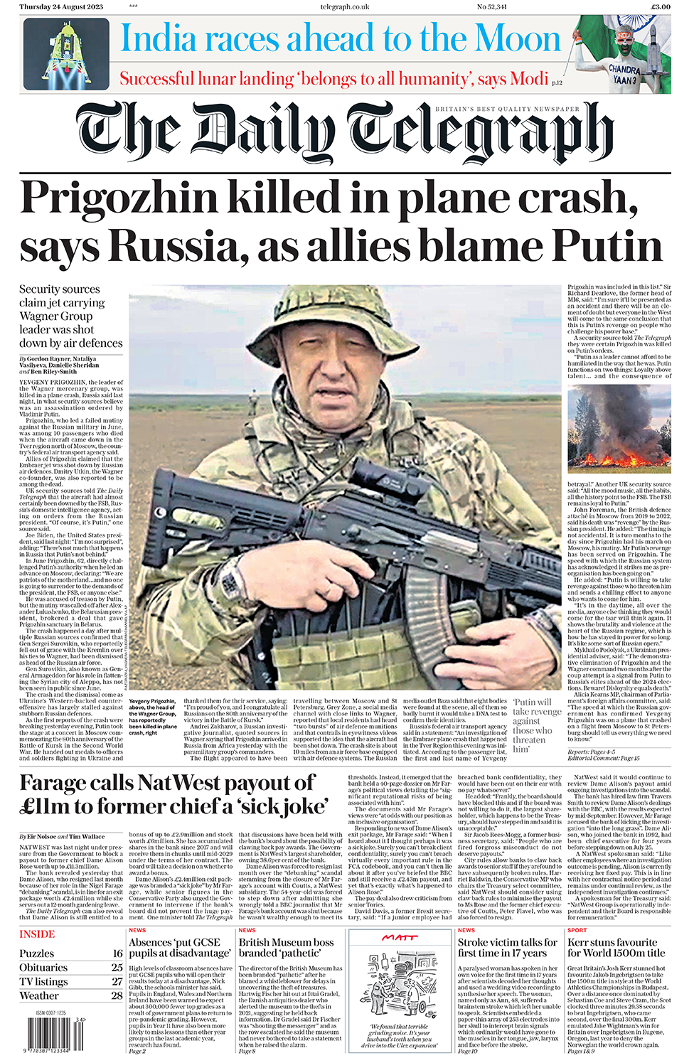 Newspaper headlines: 'Putin's revenge' and Prigozhin's death 'no ...