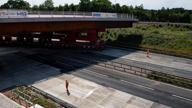 Engineers move 2,750-tonne HS2 bridge on to M42 - BBC News
