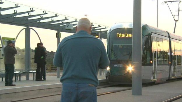 Nottingham tram extension: Line opens eight months late - BBC News