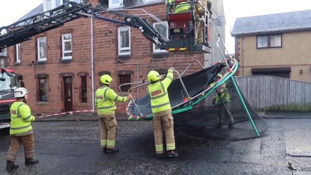 Firefighters rescue trampoline from roof of Galashiels house - BBC News