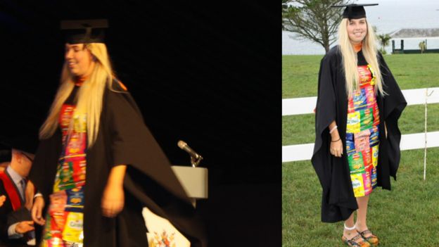 Crisp packet graduation gown worn in Walkers recycling protest - BBC News