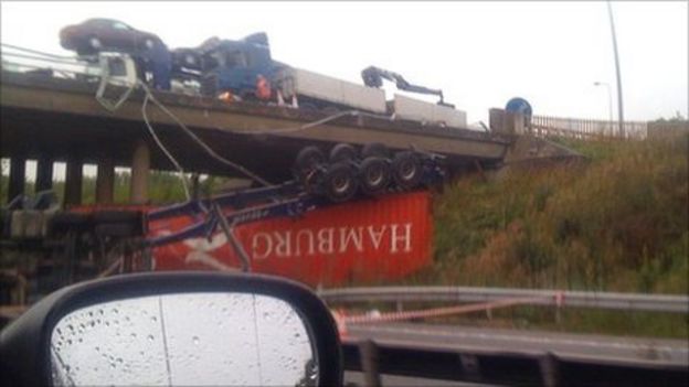 HGV falls on to M6 from motorway bridge - BBC News