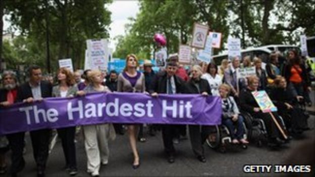 Disabled people stage protest over spending cuts - BBC News