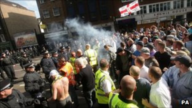 English Defence League coach attacked in east London - BBC News