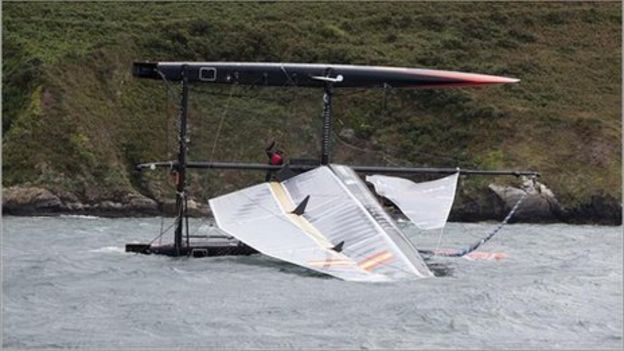America's Cup crew escape as catamaran capsizes - BBC News