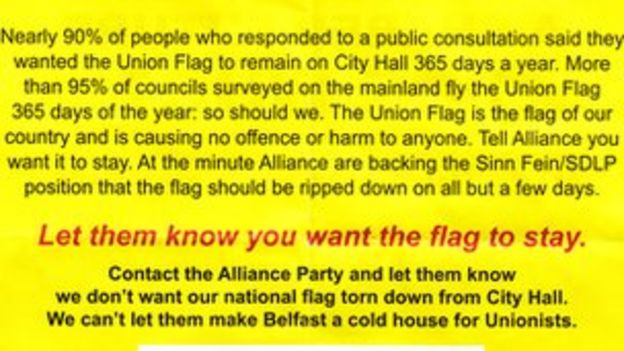 Alliance Party 'disgusted' at DUP/UUP flag policy leaflet - BBC News