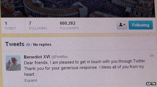 Pope Benedict XVI tweets for the first time - BBC Newsround