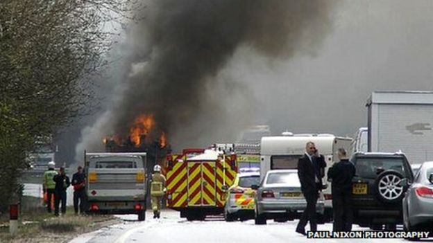 RAF fire engine catches fire on A14 near Claydon - BBC News