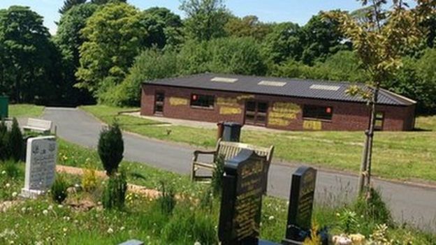 Vandals daub graffiti on Pleasington cemetery prayer hall - BBC News