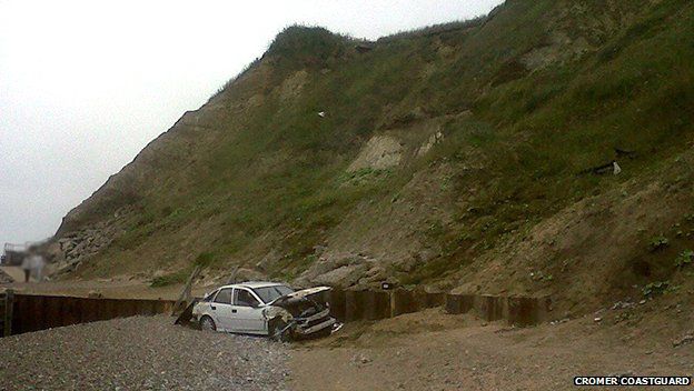 Driver survives car cliff plunge at Overstrand beach - BBC News