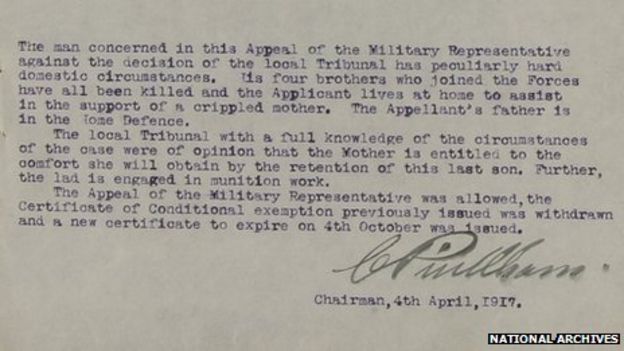 WW1: National Archives letters reveal appeals against conscription ...