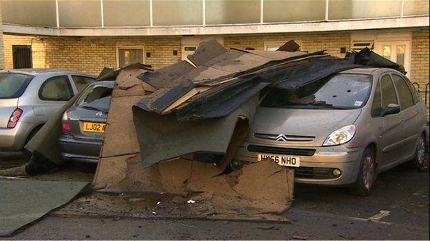Flats evacuated as roof rips off in wind - BBC News