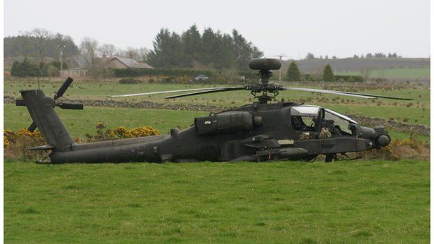 Troops guard army Apache helicopter which landed in field - BBC News