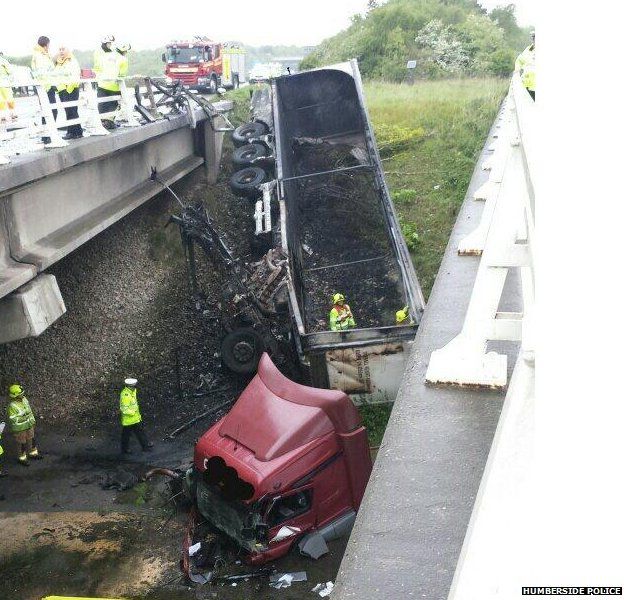 Lorry plunges from motorway bridge near Goole in flames - BBC News