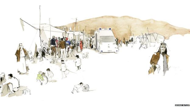 In pictures: War artist George Butler with Syrian refugees - BBC News