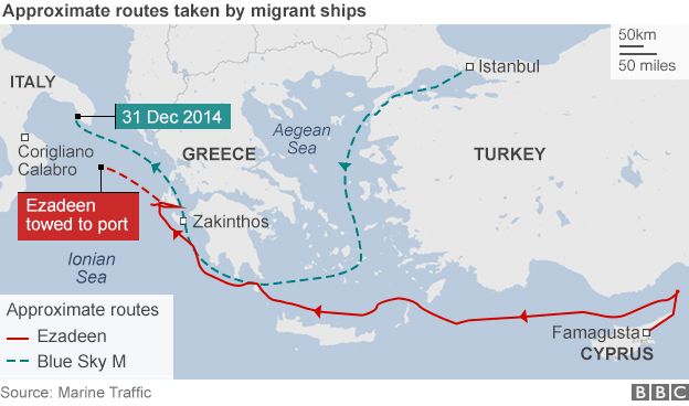 Abandoned migrant ship Ezadeen reaches Italy - BBC News
