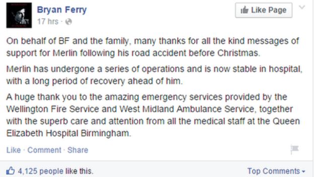 Bryan Ferry thanks medics after son Merlin's crash - BBC News