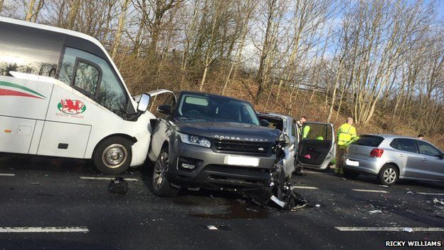 M4 crash: 28 taken to hospital after collision near Cardiff - BBC News
