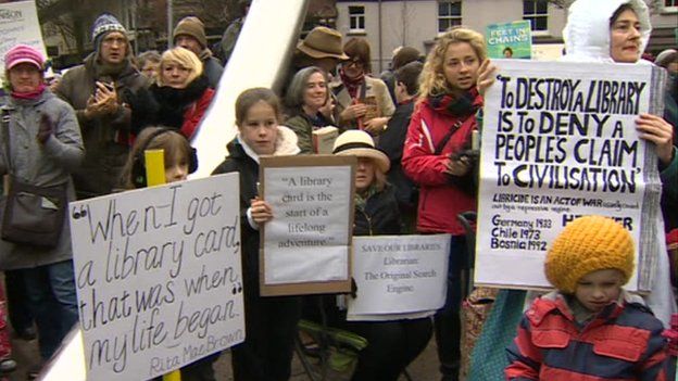 Hundreds at Cardiff library cuts and closure protest - BBC News
