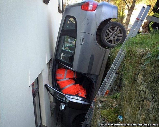 Car wedged between Buckfastleigh house and wall after crash - BBC News