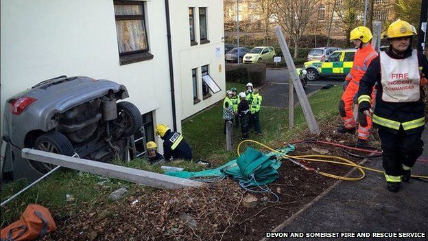 Car wedged between Buckfastleigh house and wall after crash - BBC News