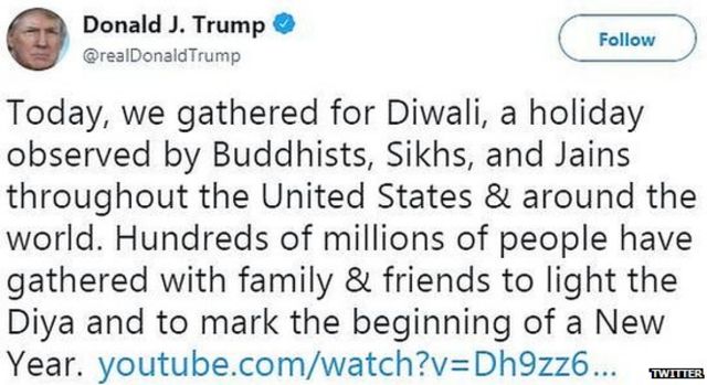 ਡੌਨਲਡ ਟਰੰਪ ਨੇ ਦਿਵਾਲੀ ਵਧਾਈ ’ਚ ਕੀਤੀ ‘ਗਲਤੀ’, ਟਵਿੱਟਰ ’ਤੇ ਚੱਲੇ ਮਿਹਣੇ - BBC ...