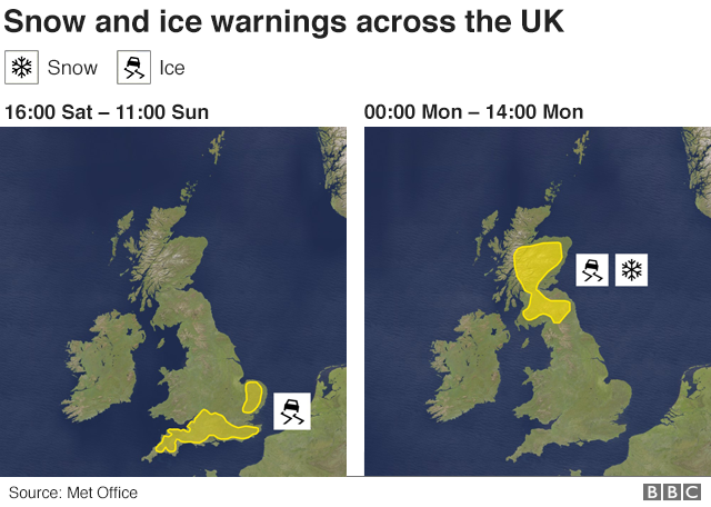 UK weather: Ice warnings as snow disrupts weekend - BBC News