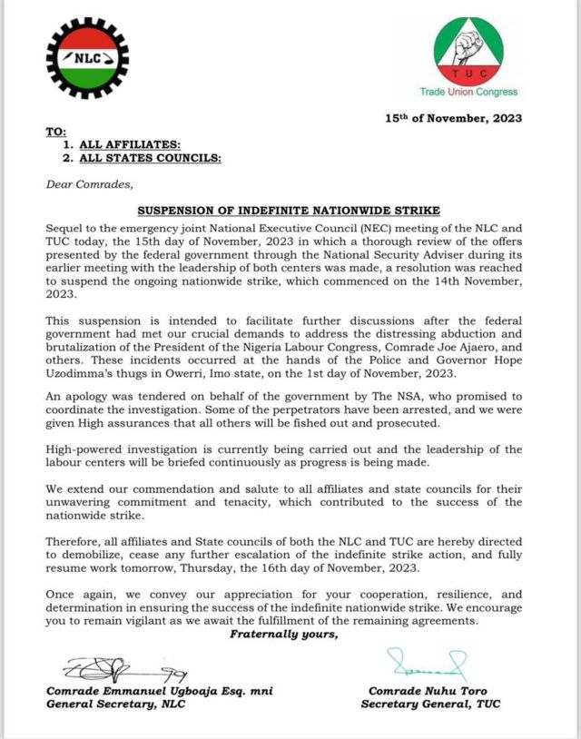 NLC strike suspended: NLC, TUC suspend nationwide strike afta intervention by National security ...
