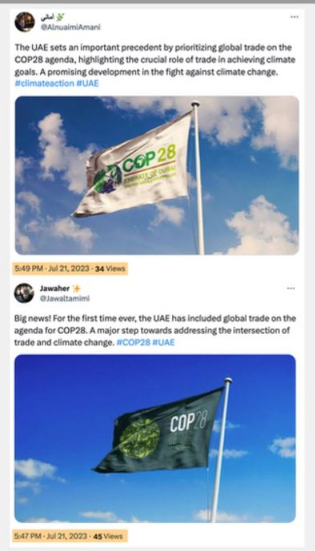 Женщины, созданные искусственным интеллектом, рекламируют климатический саммит COP28 в твиттере ...