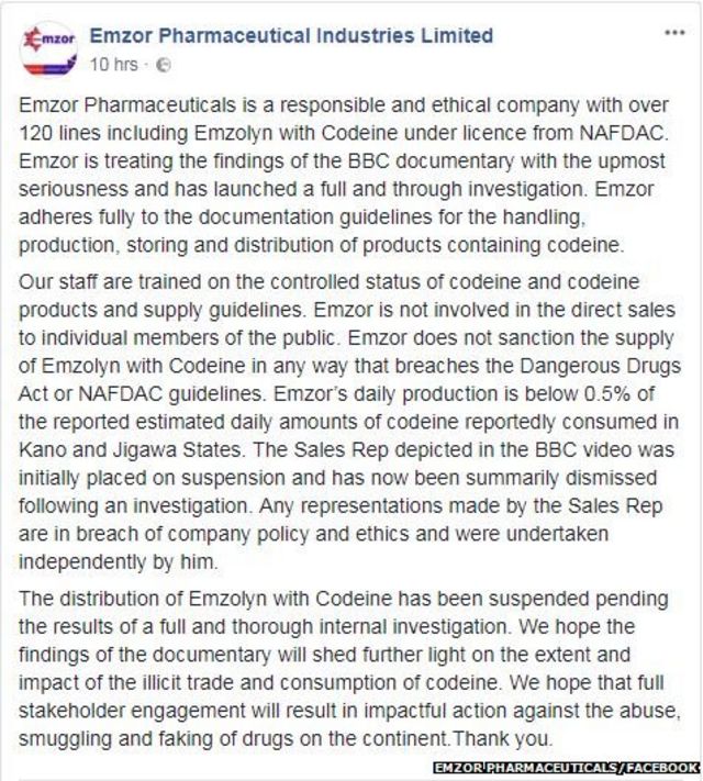 Emzor Pharmaceuticals don match break to produce Emzolyn codeine syrup ...