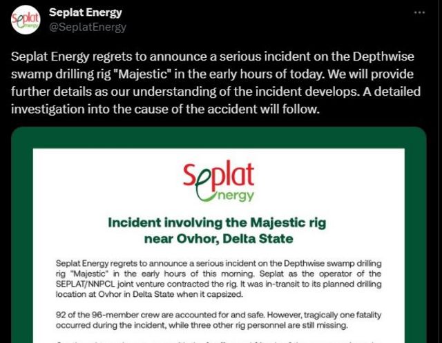 Seplat: One dead, three missing after oil drilling rig 'Majestic' sink ...