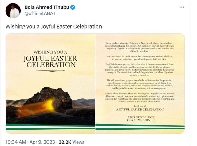 Easter 2023: Tinubu, Peter Obi, Nigerian leaders send Easter messages of peace, hope to kontri ...