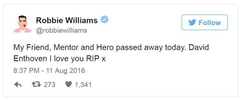 Robbie Williams pays tribute to manager David Enthoven - BBC News