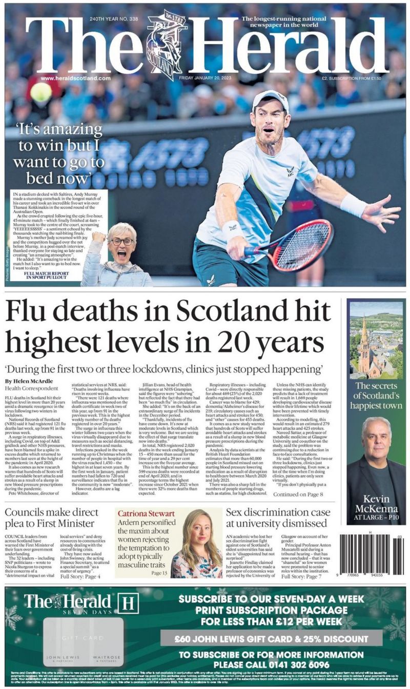 Scotland's papers: Record flu rates and teachers persevere for deal ...