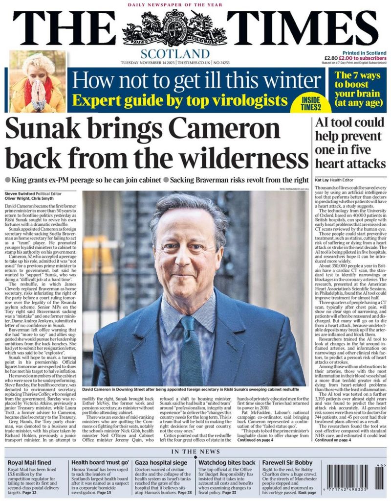 Scotland's papers: Sunak's Cameron 'gamble' and FM calls for election ...