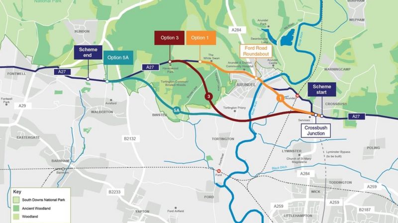 Arundel bypass options unveiled in £260m road upgrade - BBC News