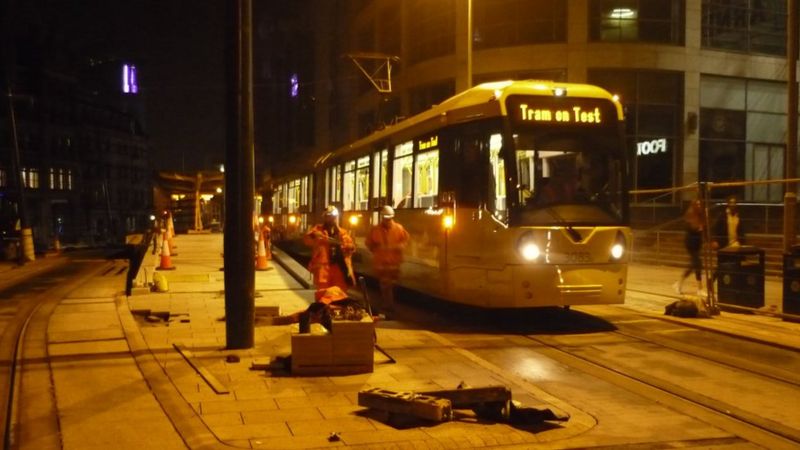 Metrolink's first test trams on Manchester Second City Crossing - BBC News