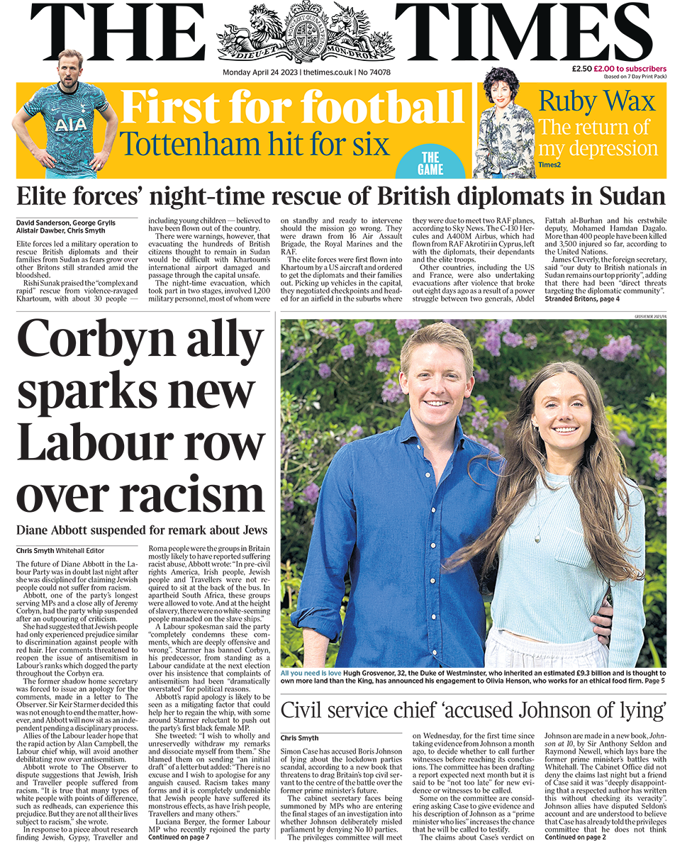 Newspaper headlines: Labour racism row and Britons rescued from Sudan ...