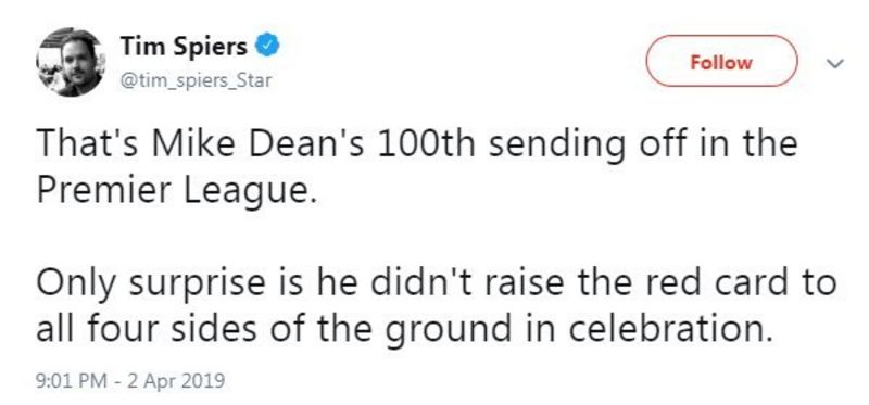 Mike Dean 100 Premier League red cards: Statistics and social media ...