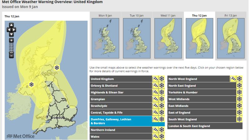 Strong wind and snow warnings issued - BBC News
