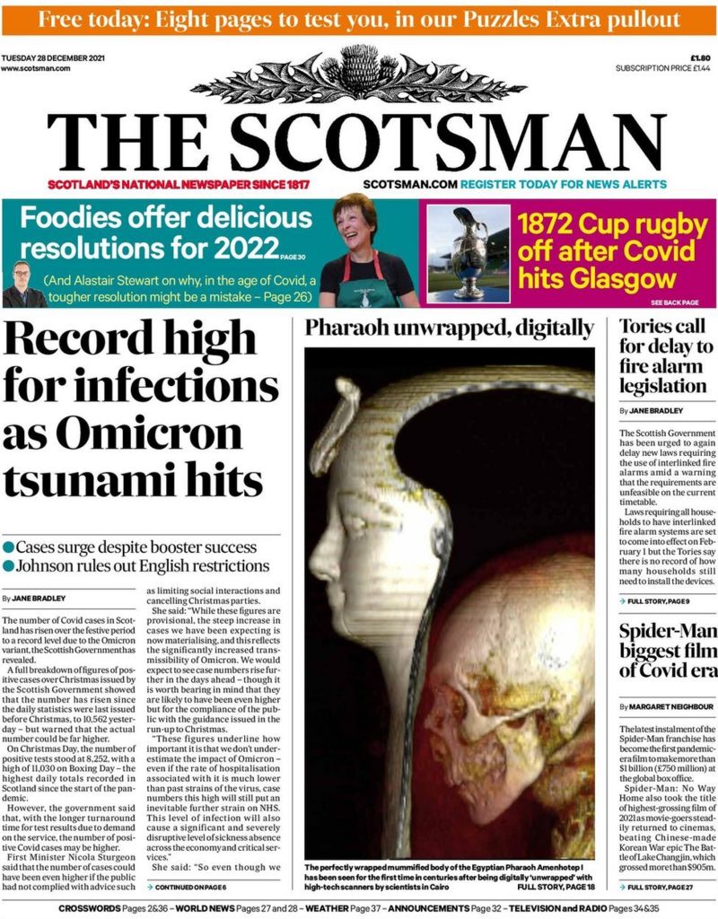 Scotland's papers: 'Omicron tsunami hits' and 'Boxing Day tragedy ...