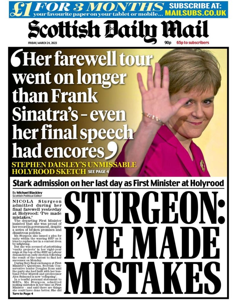 Scotland's papers: Nicola Sturgeon says farewell as First Minister ...