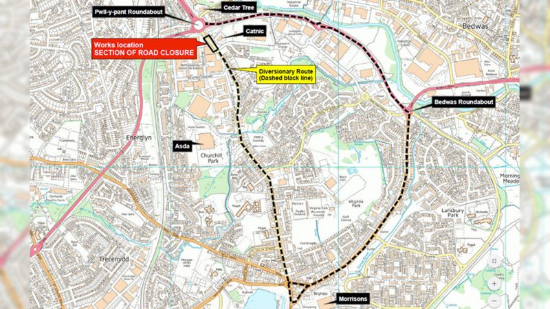 Main Caerphilly road shut as part of £5m improvement - BBC News