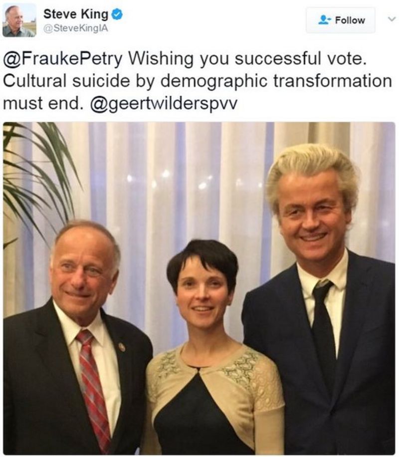 Steve King tweet backing Geert Wilders sparks social media backlash - BBC News