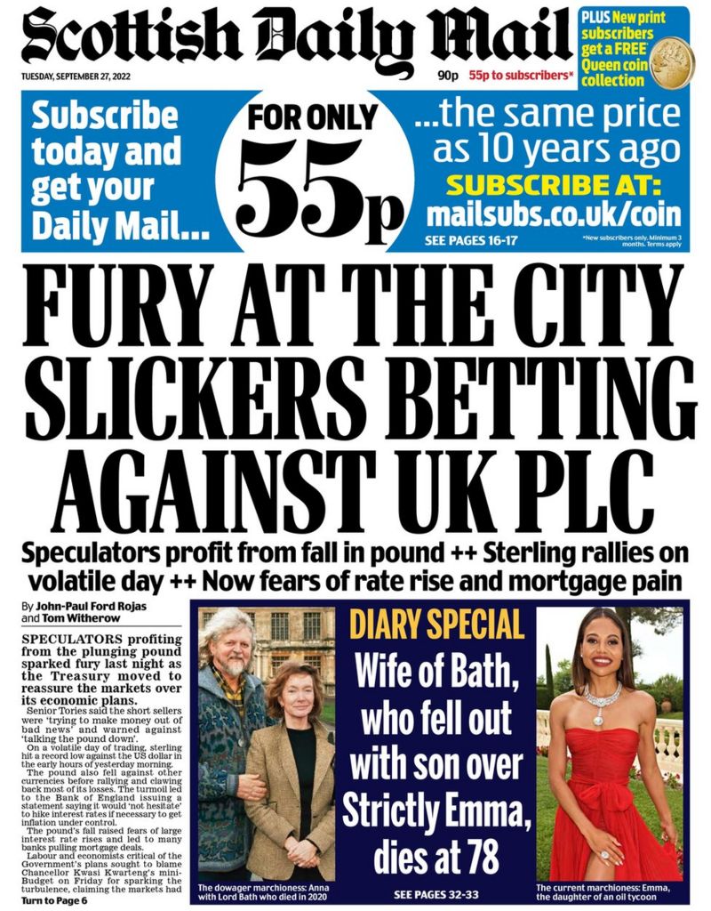 Scotland's papers: UK financial market in 'turmoil' as 'pound tanks ...