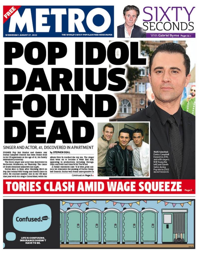 Scotland's papers: Pop idol Darius dead and Tory leadership clash - BBC ...